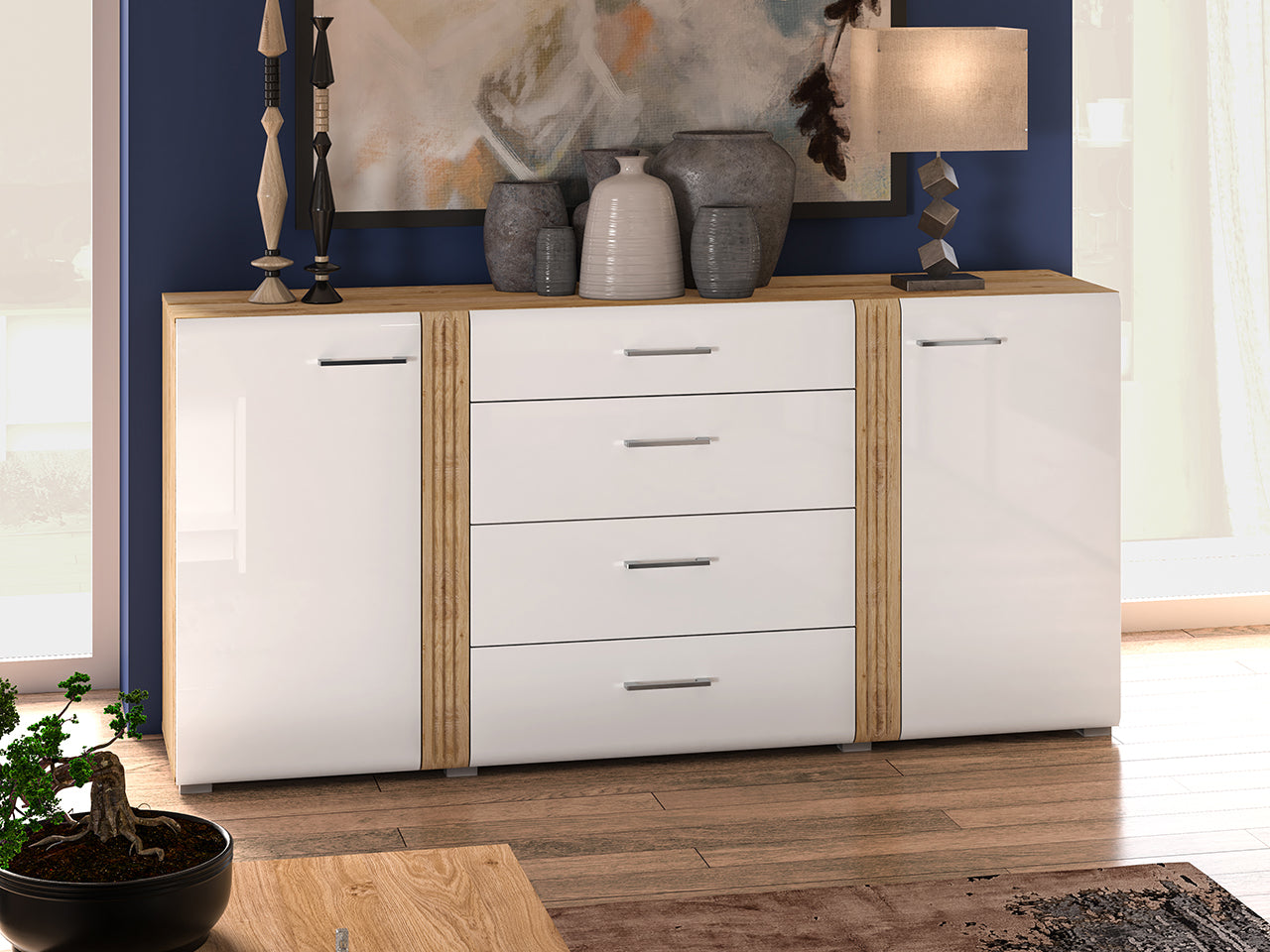 Commode, Buffet, Buffet Chêne Castello & Blanc Brillant – Élégance et Rangement au Quotidien ...